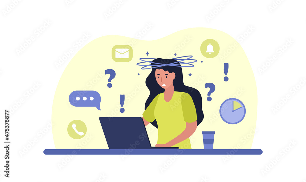 Confused woman concept. Girl sits at laptop, and around question mark ...