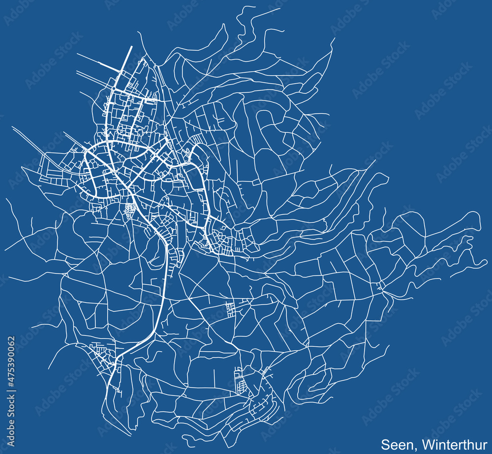 Detailed technical drawing navigation urban street roads map on blue ...