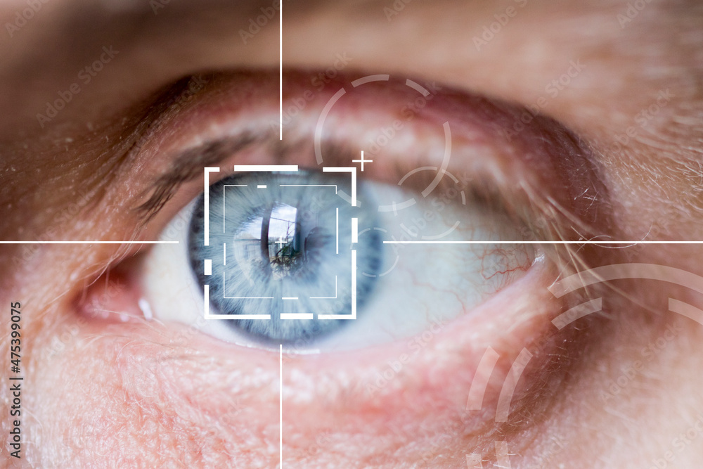 Eye monitoring and eye scan. Biometric iris virtual scan of male eye ...