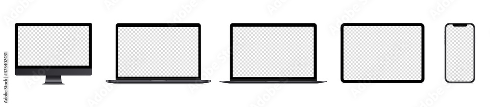 Realistic devices mockup dark set : Isolated smartphone, phone, laptop ...
