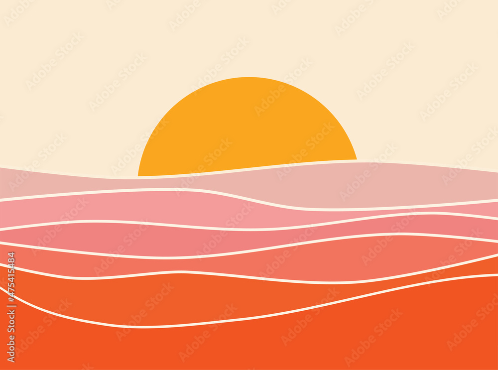 Retro abstract sunset landscape 70's style mid century modern graphic design, pink and red ...