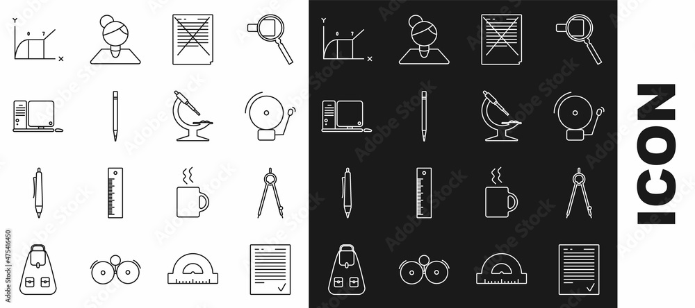 Set line Exam sheet with check mark, Ringing alarm bell, paper ...