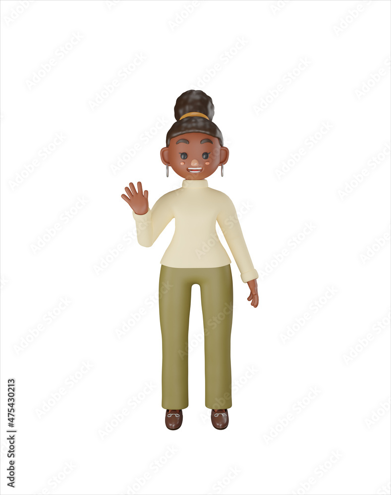 Woman greeting gesture. Female 3D character waving hand saying hi ...