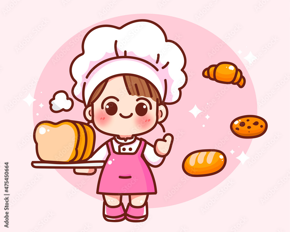 Happy cute girl chef uniform holding bread cooking bakery food logo ...