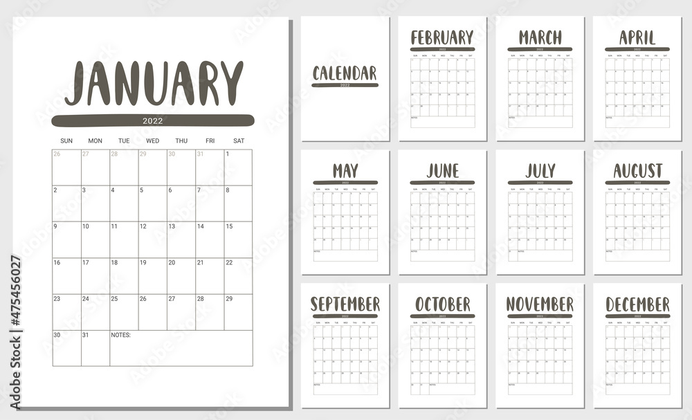 Vector Calendar for 2022 Year. Set of 12 Months. Week Starts Sunday ...
