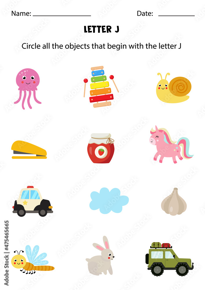 Letter recognition for kids. Circle all objects that start with J ...