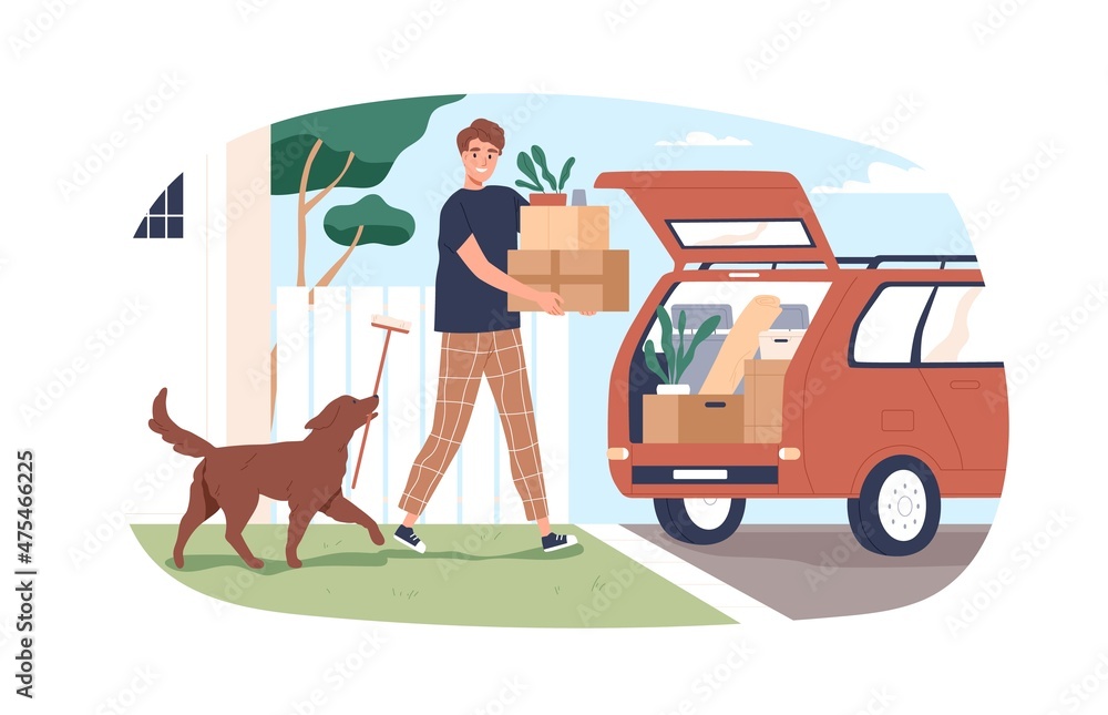 Person moving, carrying cardboard boxes and loading them into open hood ...