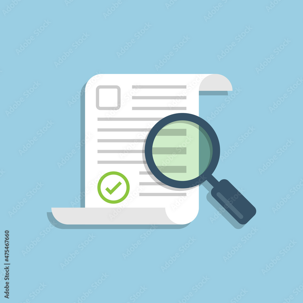 Magnifying glass with document icon in flat style. Report approval ...