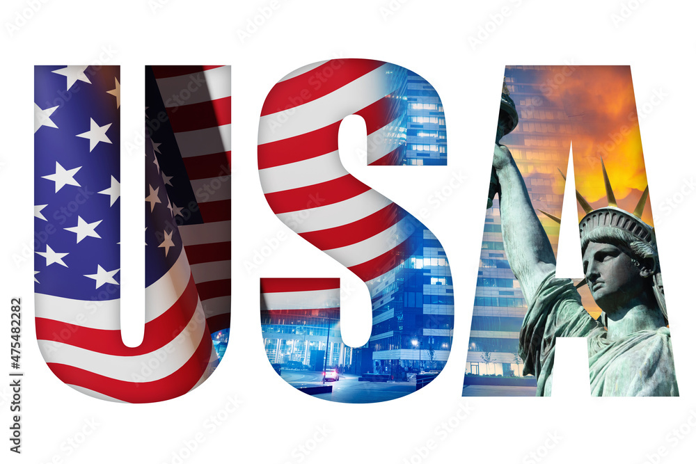 USA logo. USA letters in colors of American flag. Symbols of America on ...