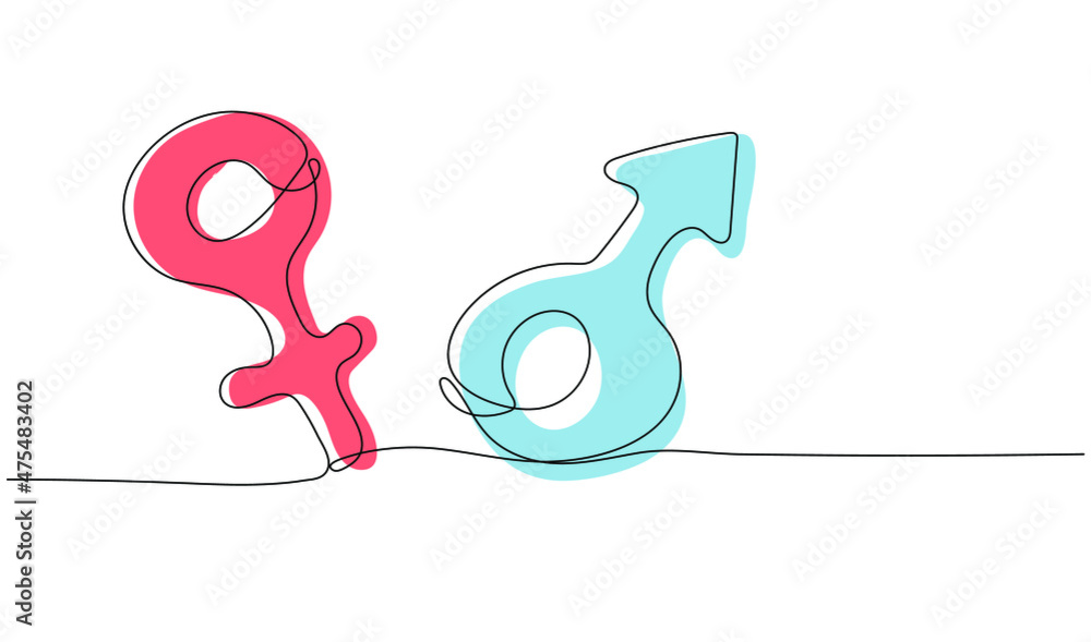 Continuous one line drawing of gender symbols (male and female). Vector ...