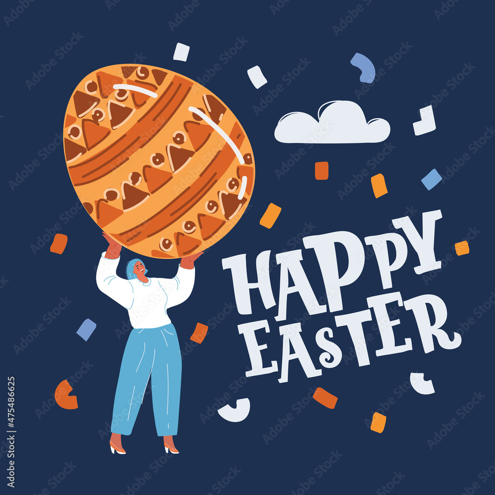 Cartoon vector illustration of Young woman with big painted egg is ...