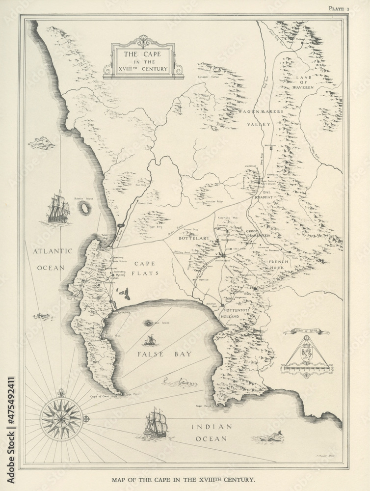 Map of the Cape, South Africa, in the 17th century Stock Illustration ...