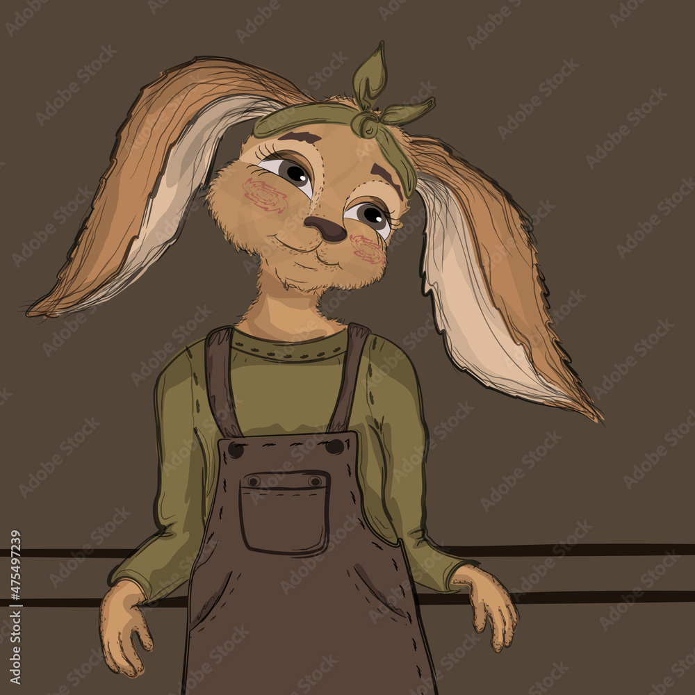 hare girl in a dress and with a bandage on her head looks up vector de ...