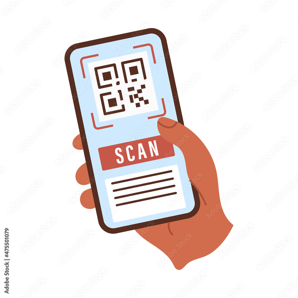 Human hand and phone, smartphone with barcode, QR code. Check ...