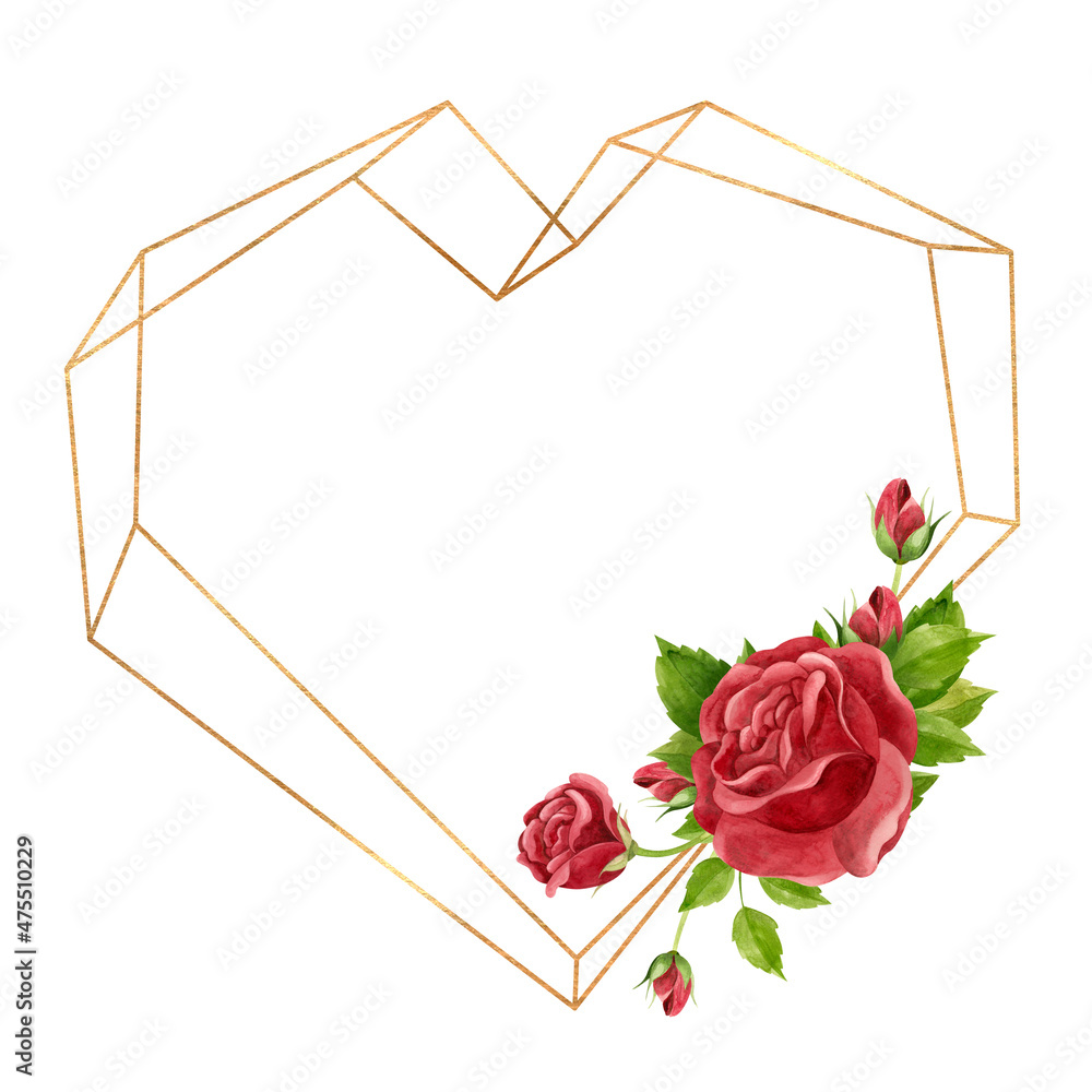 Heart frame with red roses and gold geometric frame. Floral template ...