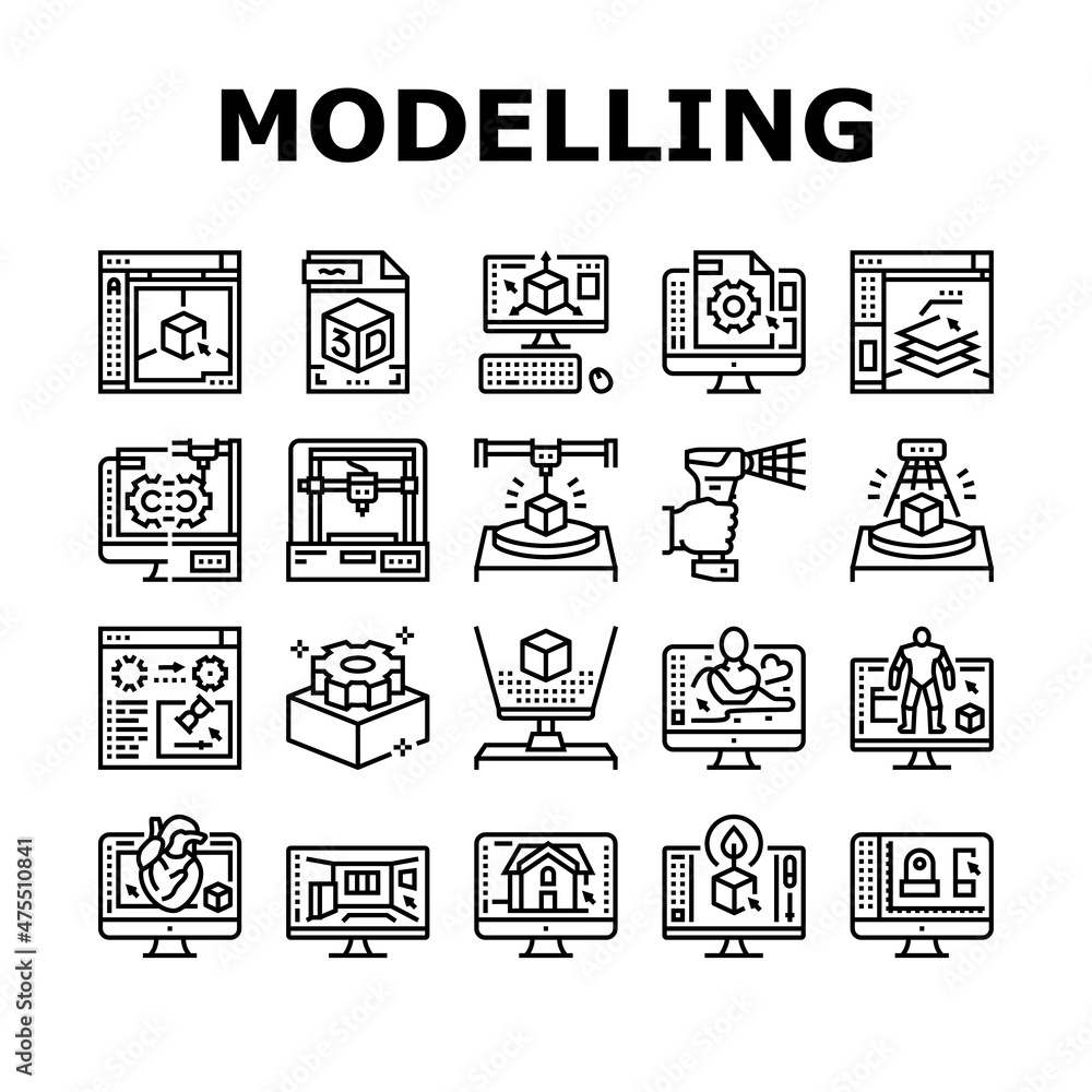 3d Modelling Software And Device Icons Set Vector. 3d Modelling ...