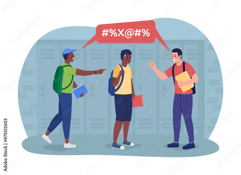 Teen bullying 2D vector isolated illustration. Schoolchildren mocking ...