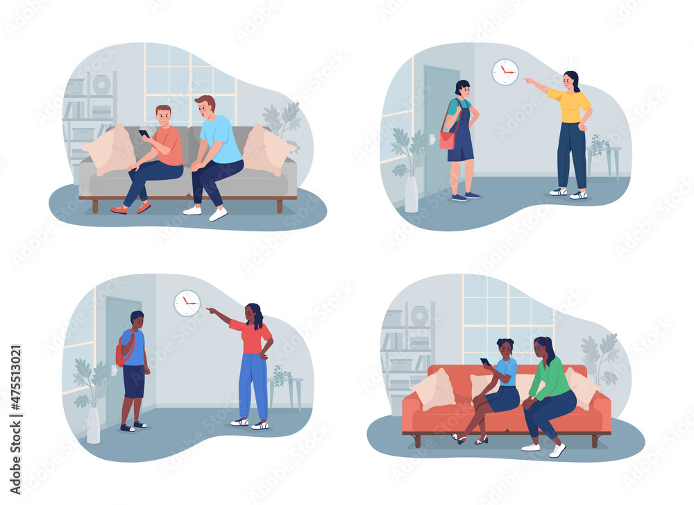 Excessive parental control 2D vector isolated illustration set ...