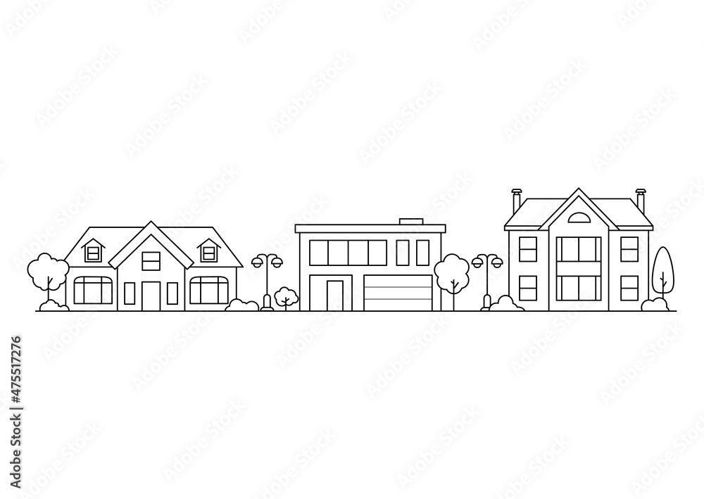 Neighborhood line art suburban house. Isolated on white background ...