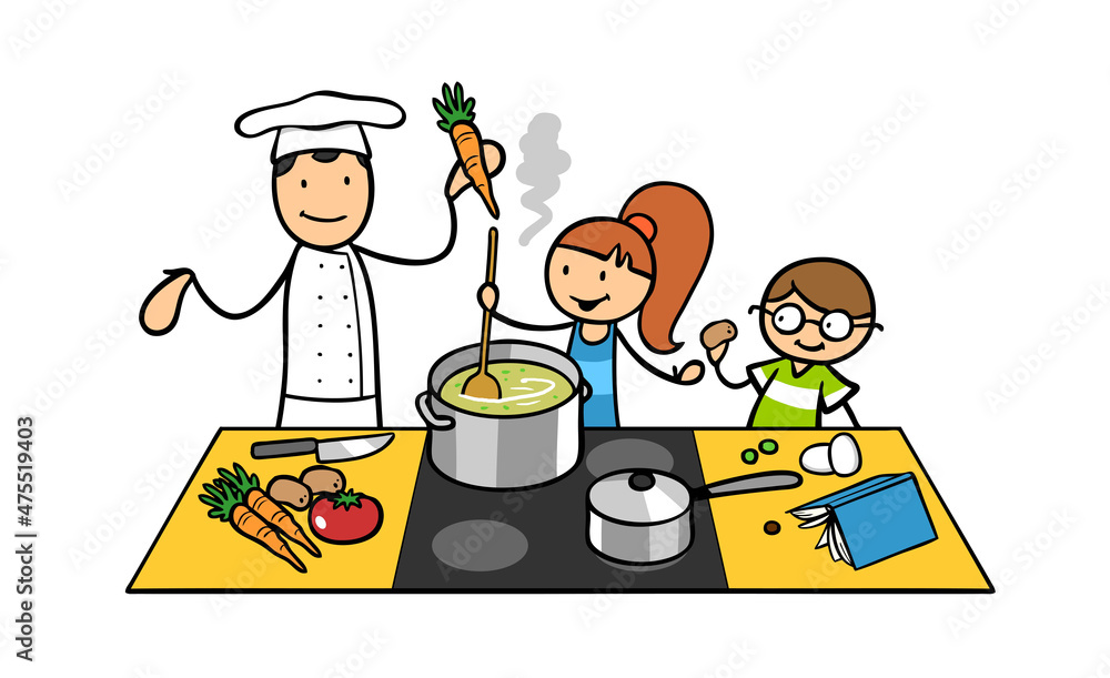 Fröhliche Kinder lernen kochen mit Koch in Küche Stock Illustration ...