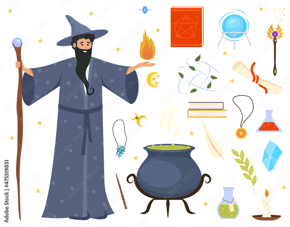 Wizard with magic attributes on white background vector illustration ...