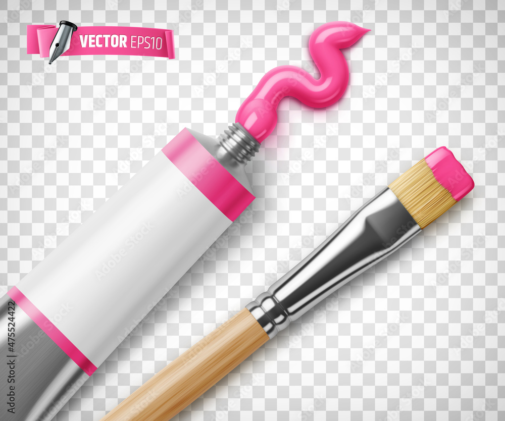 Vector realistic illustration of a pink paint tube and paintbrush on a ...