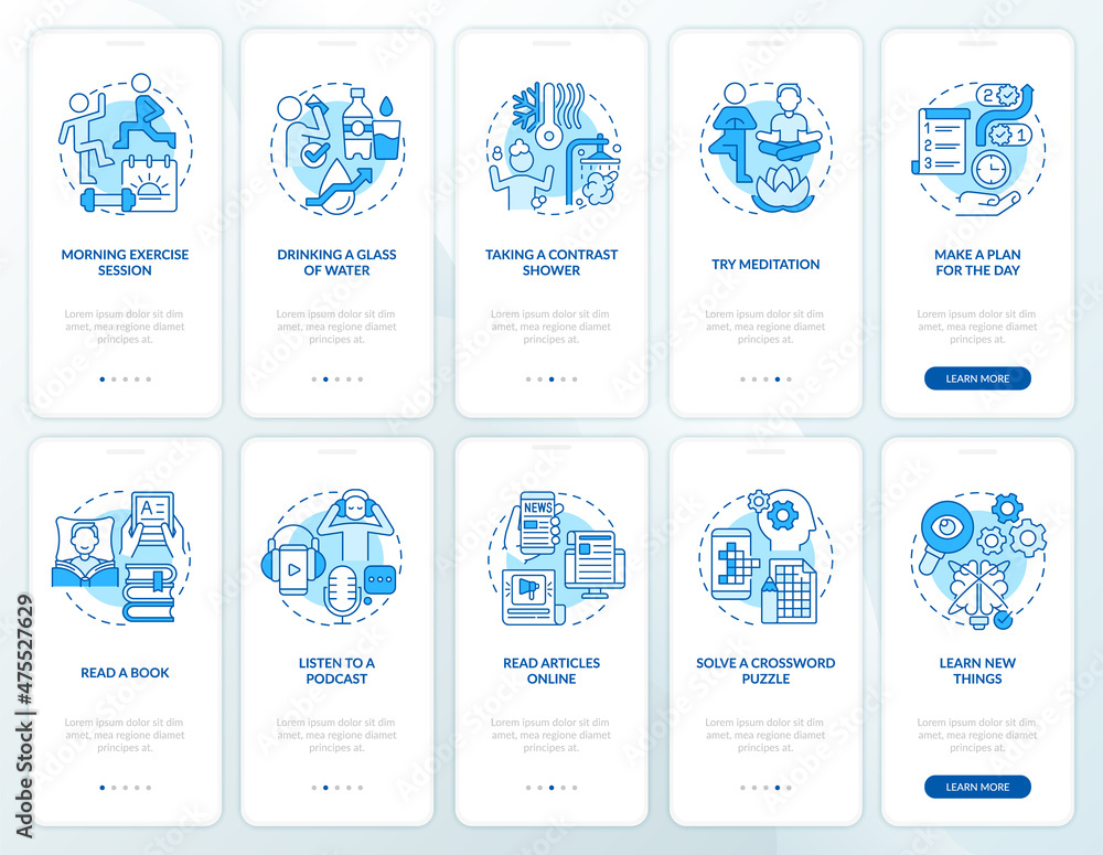 Morning routine blue onboarding mobile app screen set. Day starting ...