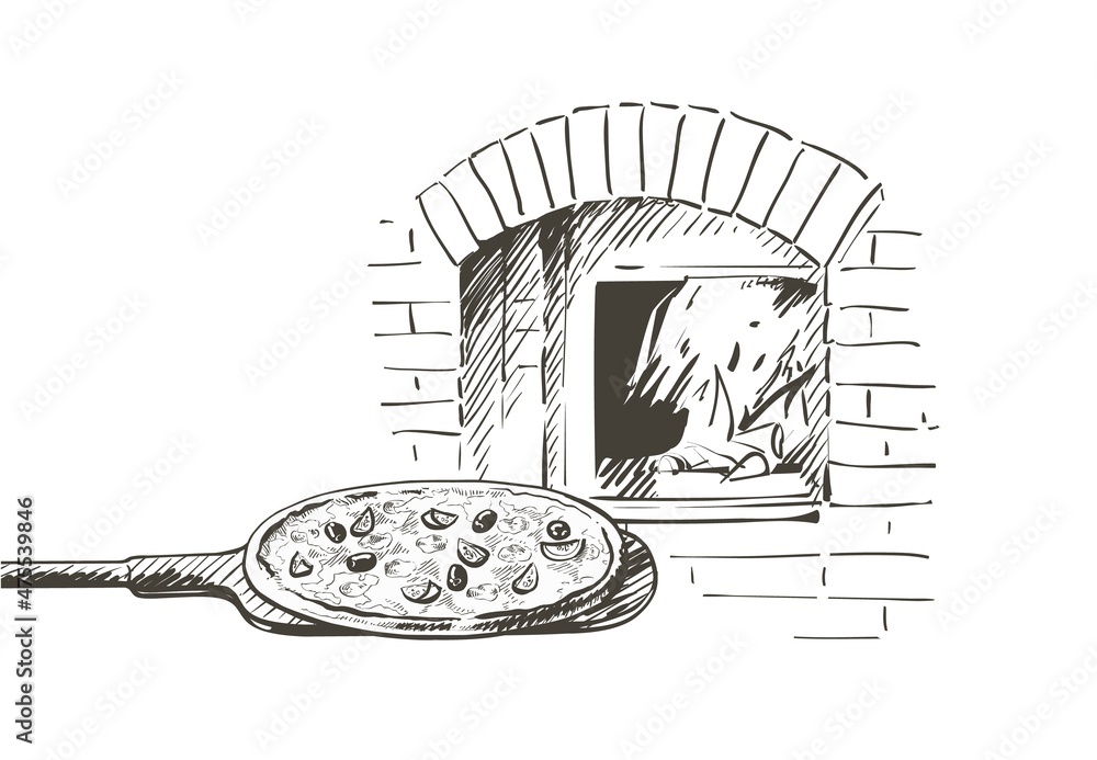 Vector pizza on a shovel, baked in a wood-fired oven. vintage hand-draw ...