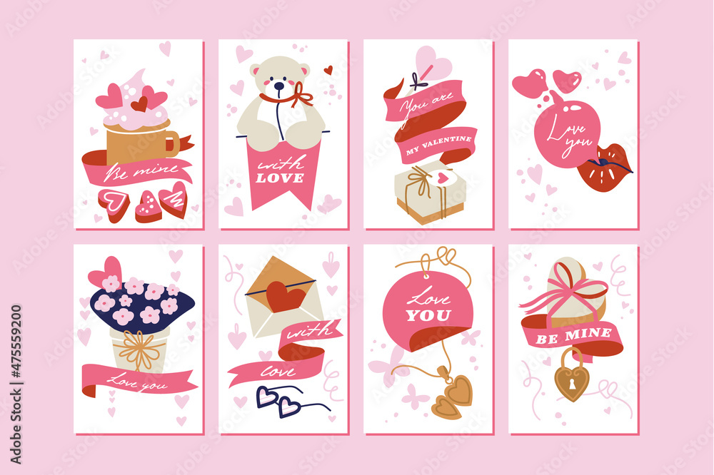Vector Valentines template greeting cards with attributes, signs and ...