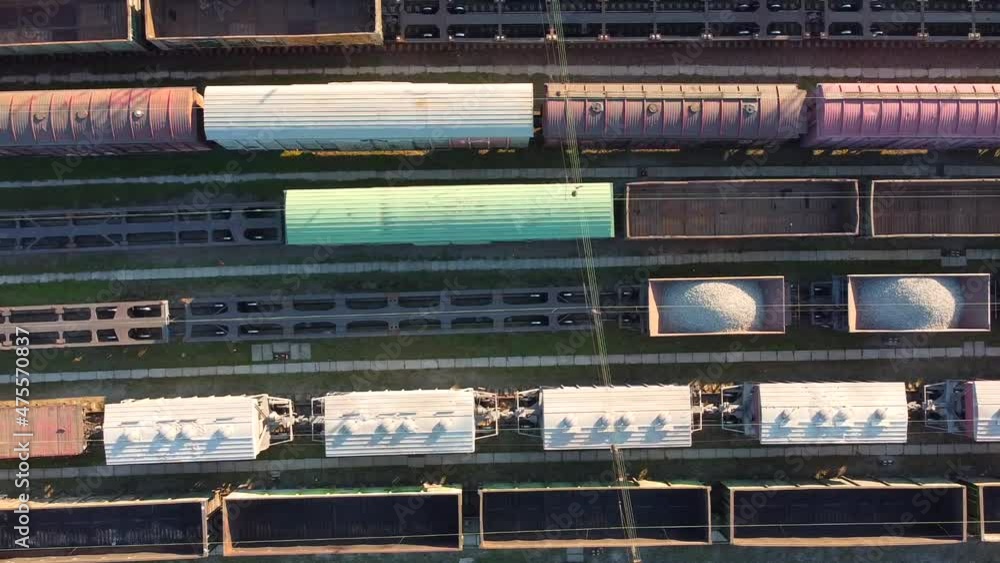 Wagons of freight train top down aerial view. Carriages on railway ...