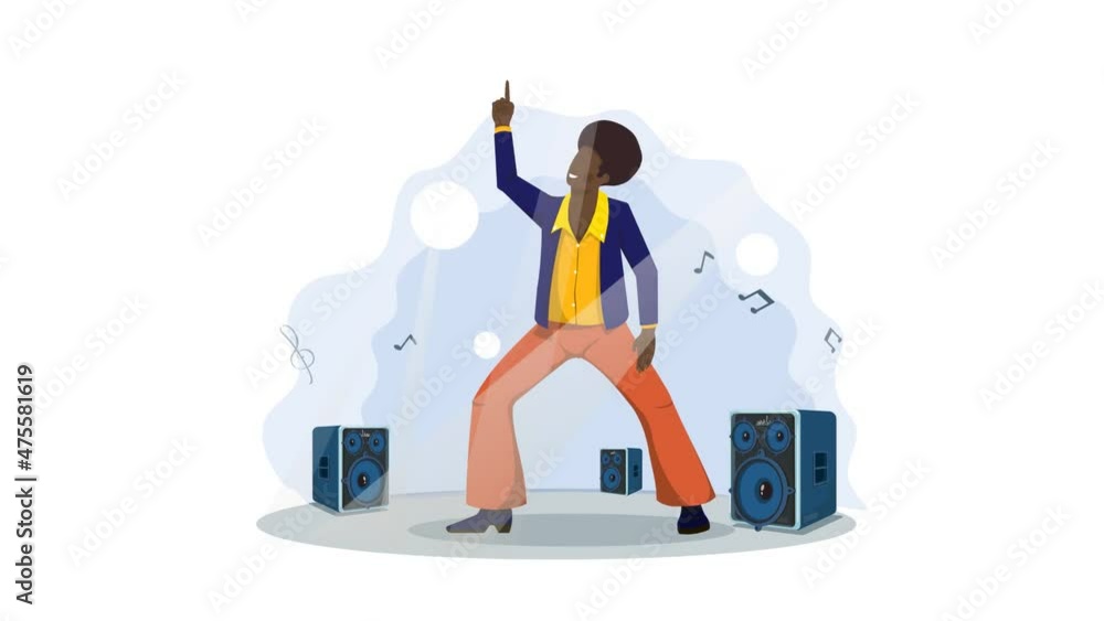 Popular music styles video concept. Moving man in retro suit smiles and ...