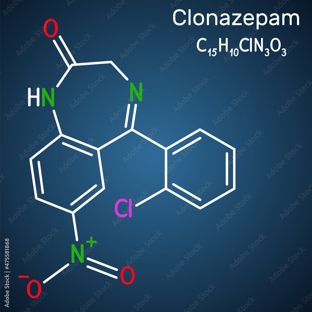 Clonazepam molecule. It is benzodiazepine, anticonvulsant, used to ...