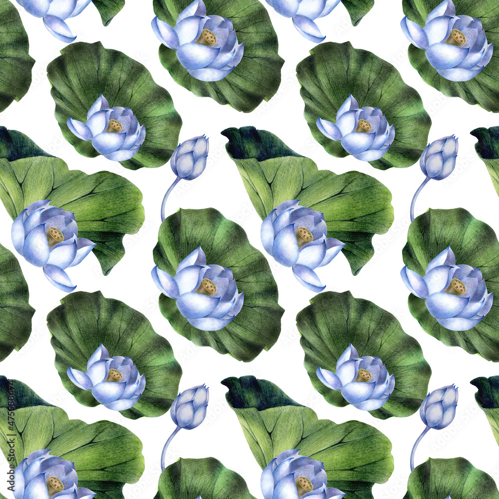 Seamless pattern of white lotuses and leaves drawn by hand with colored pencils. Vintage image ...