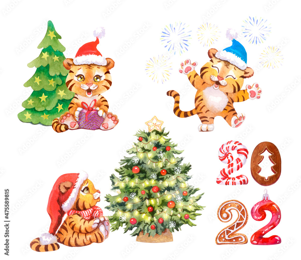 Watercolor. Cute Tigers in christmas hats sitting by the Christmas ...