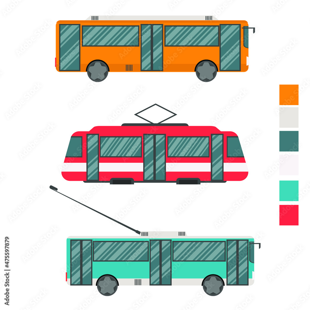 Set public transport. Bus, tram, trolleybus isolated on a white ...
