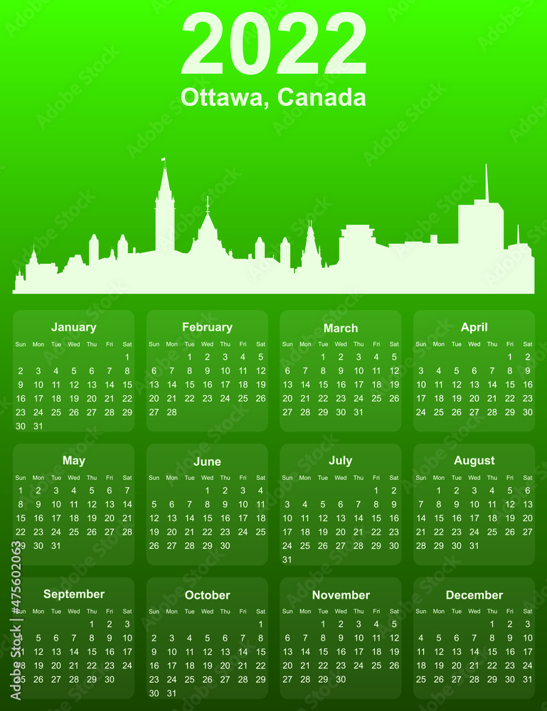 Green stylish 2022 year calendar with cityscape panorama of the city of ...