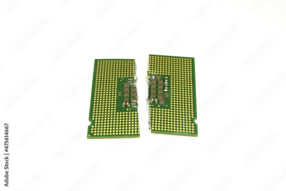 computer repair shop. The computer processor is broken in half ...