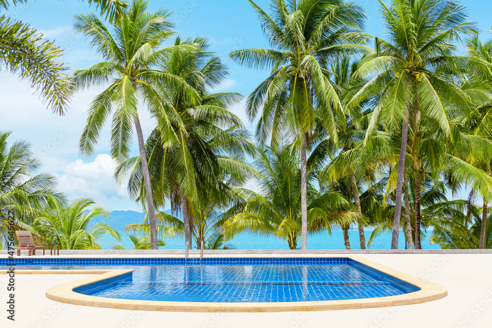 Swimming pool blue water, sea beach poolside, tropical island nature ...