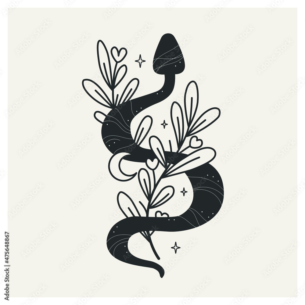 Celestial witchy snake among the branches. Symbol of magic and ...