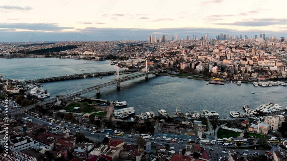 Drone shot of the Golden Horn Bridge in Istanbul. Cable-stayed bridge ...