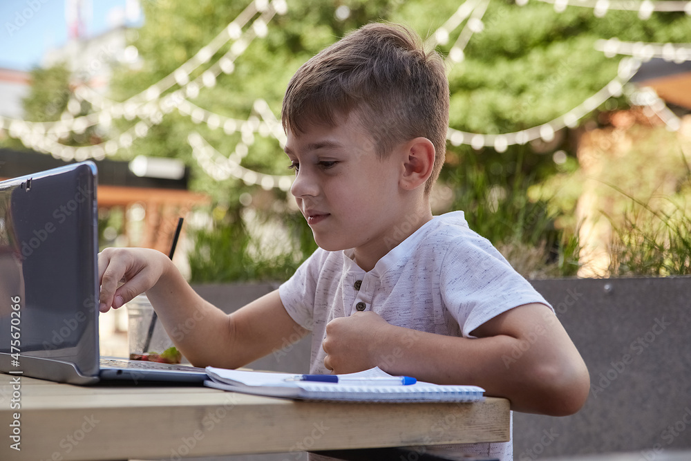 little schoolboy sits outdoors, types on keyboard of laptop. smiling ...