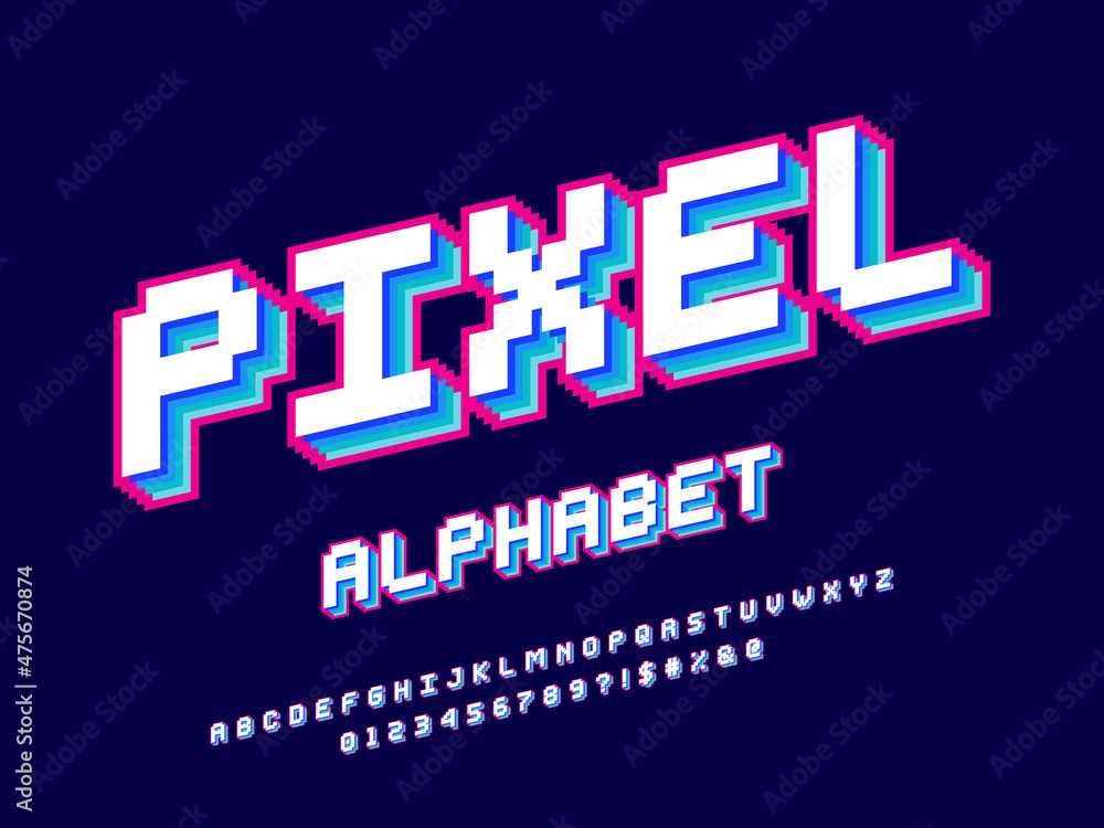 pixel style font design with uppercase, numbers and symbol Stock Vector ...