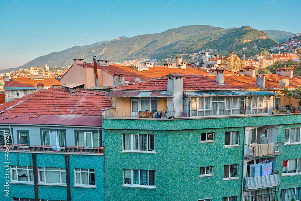 Local apartments, houses covered by mosaic pavement, colorful mosaics ...