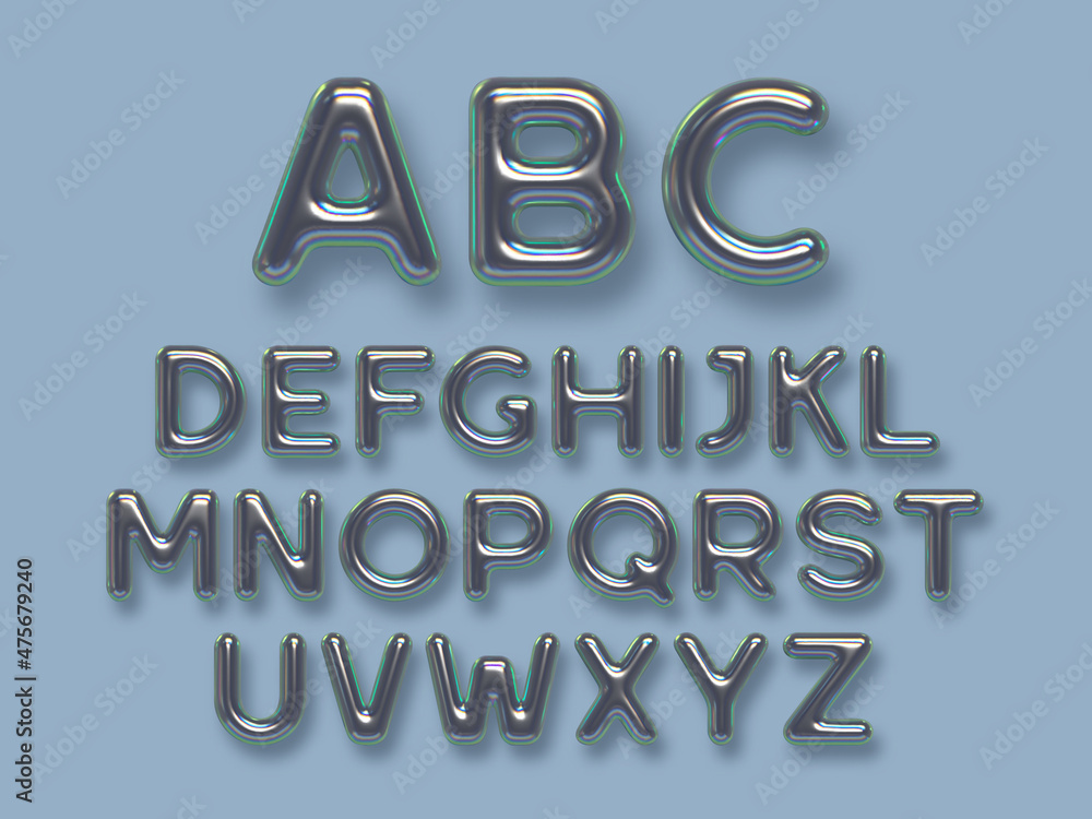 Iridescent metal alphabet vector set. 3d realistic glossy metallic ...