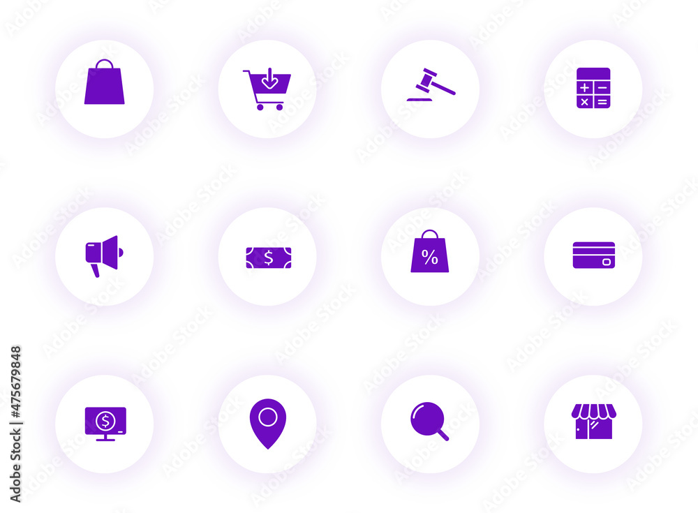 e commerce purple color vector icons on light round buttons with purple ...