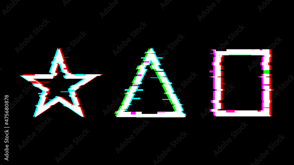 Geometric shapes with glitch effect. Circle, square, triangle in distorted glitch style ...