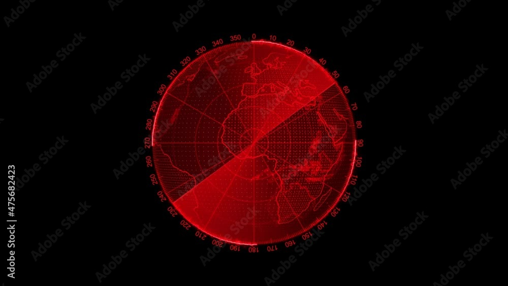 red radar HUD animated on black background, Rotated world map radar ...