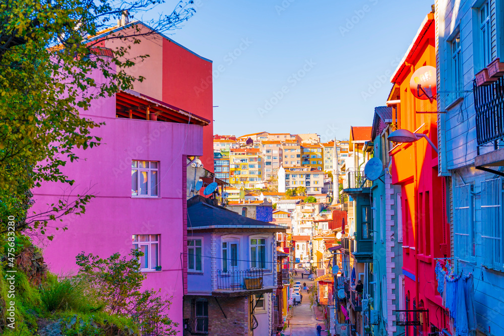 Colorful Houses in old city Balat. Balat is popular touristic ...