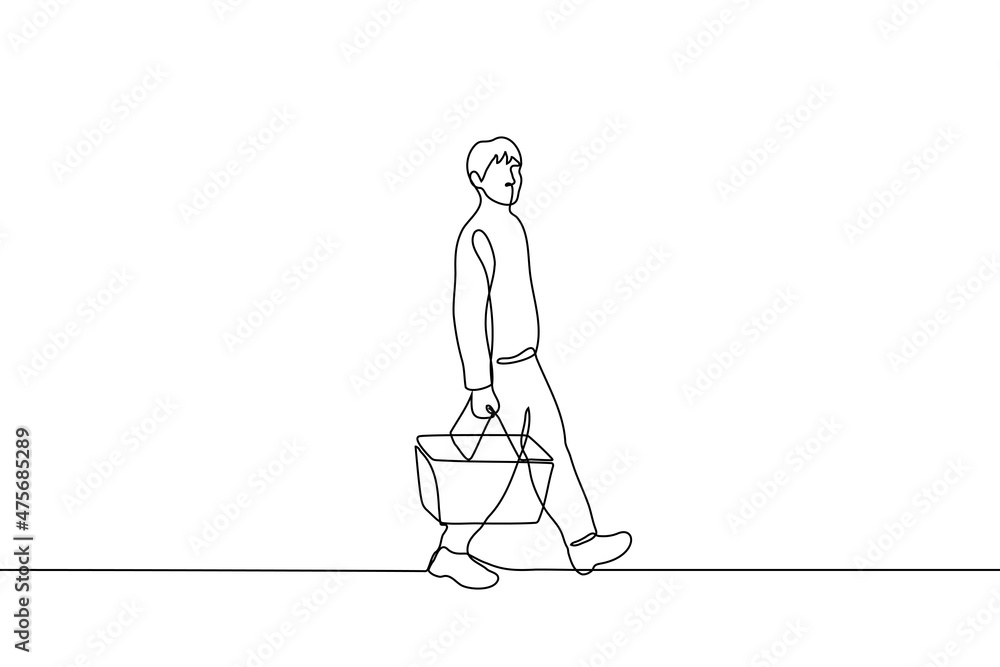 male shopper walks holding a shopping basket - one line drawing vector ...