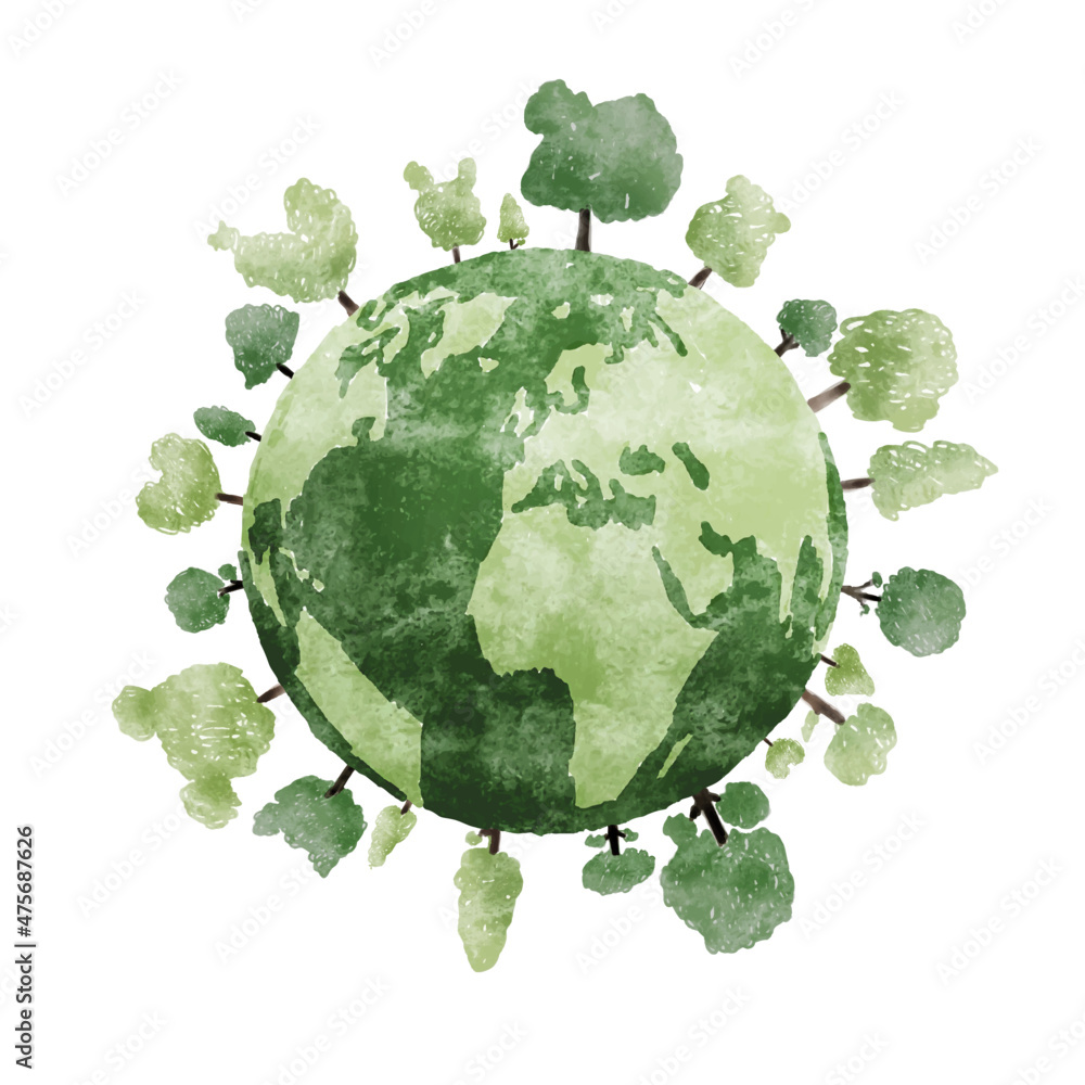 Earth day design of watercolor tree and world on white background ...